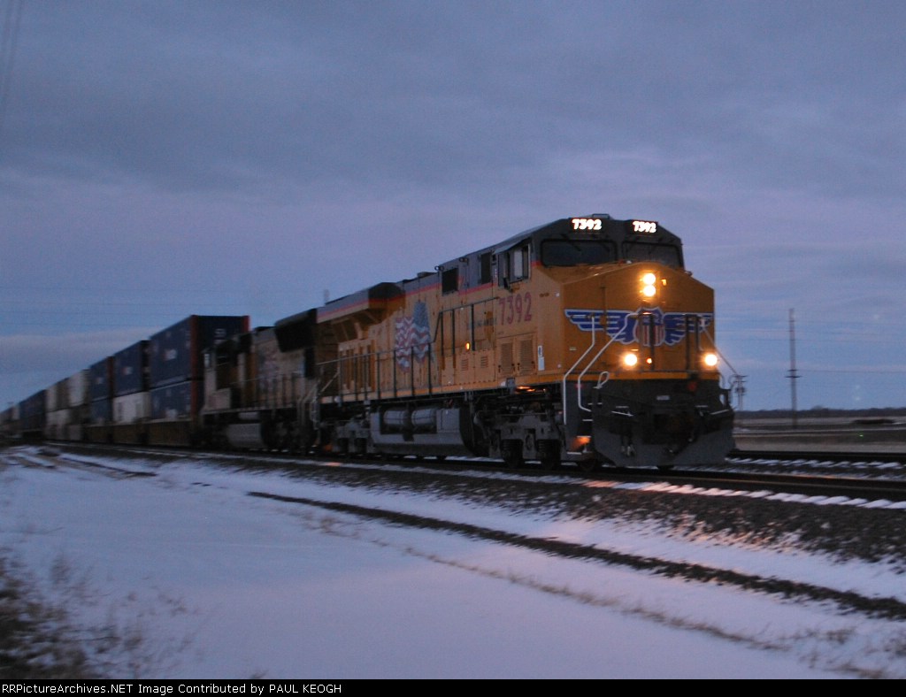 UP 7392 as she rolls west with a Hot Z out of Chicago, IL.